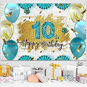 NC Teal Gold Happy 10th Birthday Backdrop Banner Decorations 10 Years Old Bday Background for Girls Boys Photography Party Decor Supplies Glitter