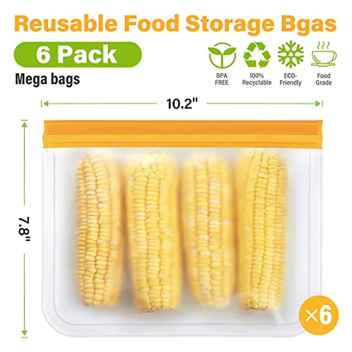 Reusable Food Storage Bags 6 Pack Quart Size Bags Reusable Food Container for Meat Fruit Sandwich & Snack, BPA Free Food Grade, Leakproof Resealable for Lunch & Fridge Organizer