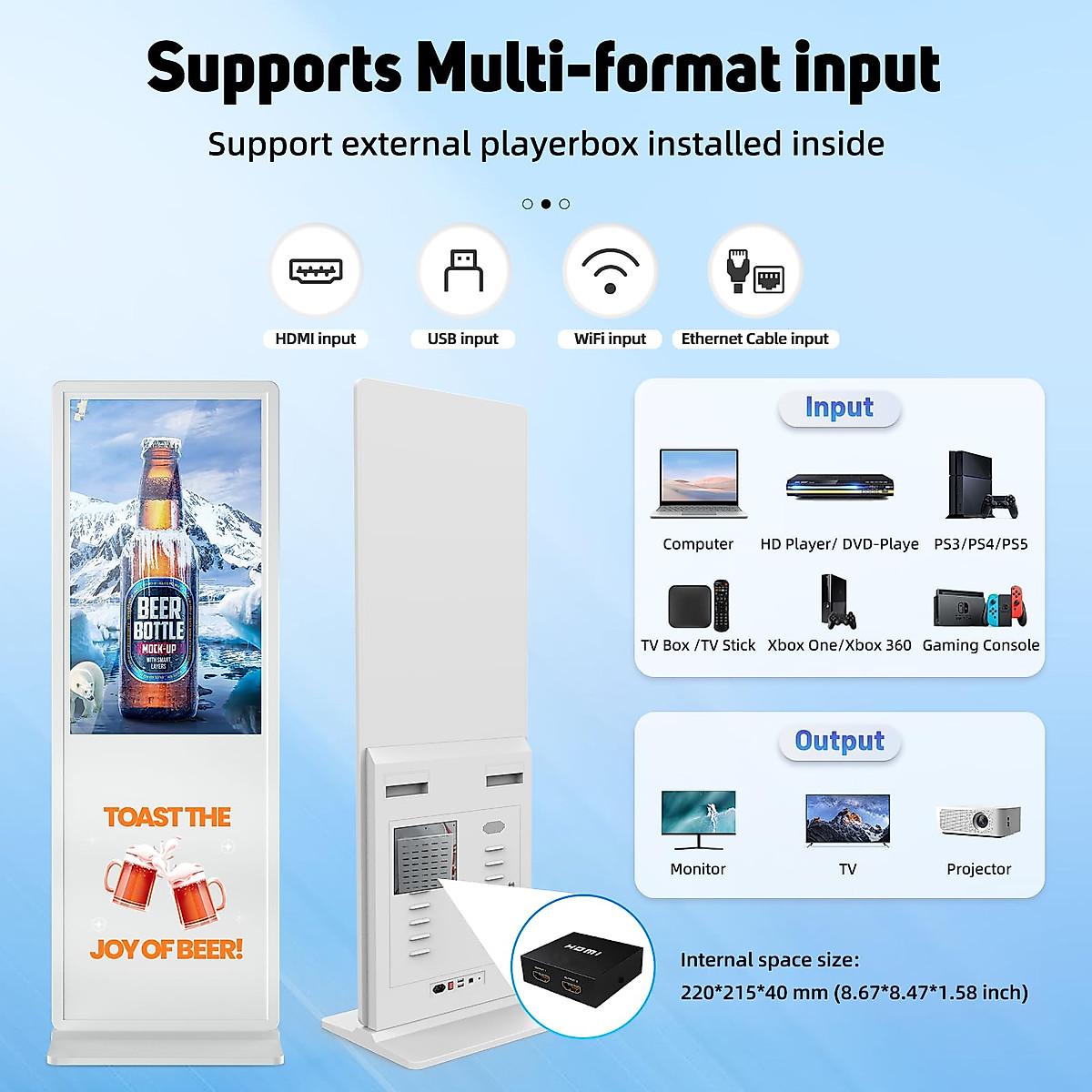 YCKJNB 55 inch Indoor Digital Signage 4K Touchscreen IPS Floor Standing Digital Kiosks Interactive Displays with WiFi HDMI/USB Input Auto AD Player, Android OS White