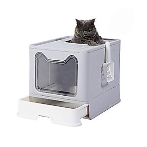 GENENIC Large Foldable Cat Litter Box Pan with Lid, Cat Potty ,Top Entry Type Anti-Splashing Cat Supplies with Pet Plastic Scoop(Grey)