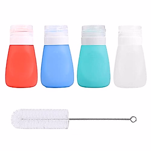 Timiuu Squeeze Salad Dressing Bottles with Cleaning Brush | Portable Sauce Bottles Condiment Bottles | Dressing to Go for Lunch | 2 OZ, Set of 4 | Food-grade Silicone, BPA Free