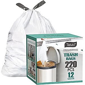 1.2 Gallon 220pcs Strong Drawstring Trash Bags Garbage Bags by Teivio, Bathroom Trash Can Bin Liners, Code a fit 4.5-5 Liter, 0.8-1.2 and 1-1.3 Gal, Small Plastic Bags for home office kitchen, White