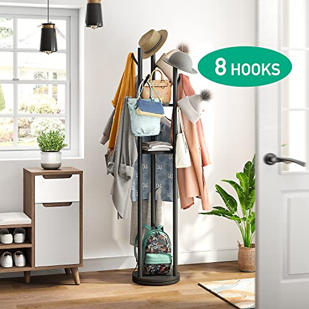 kiplant Rotary Coat Rack Stand with 8 Hooks, Bamboo Wood Coat Tree for Clothes/Bags/Hats, Coat Rack Freestanding for Home/Office/Entryway/Hallway