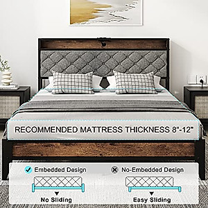 Osfvolr Queen Bed Frame with Charging Station and LED Light, Platform Bed Frame with 2 Tier Storage Upholstered Linen Headboard, Heavy Duty Metal Structure, 12 inch Under Bed Storage, Noise Free