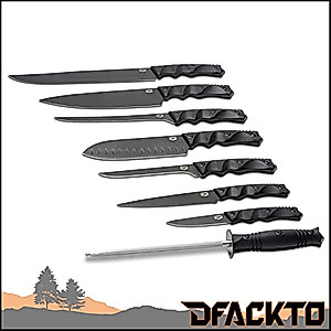 DFACKTO - Premium Rugged Chefs Knife Basecamp Set with Sheaths and Case for Kitchen and Camping, Stonewashed High Carbon Stainless Steel Knives in Tactical Travel Kit, G10, Black Cooking BBQ Utensils