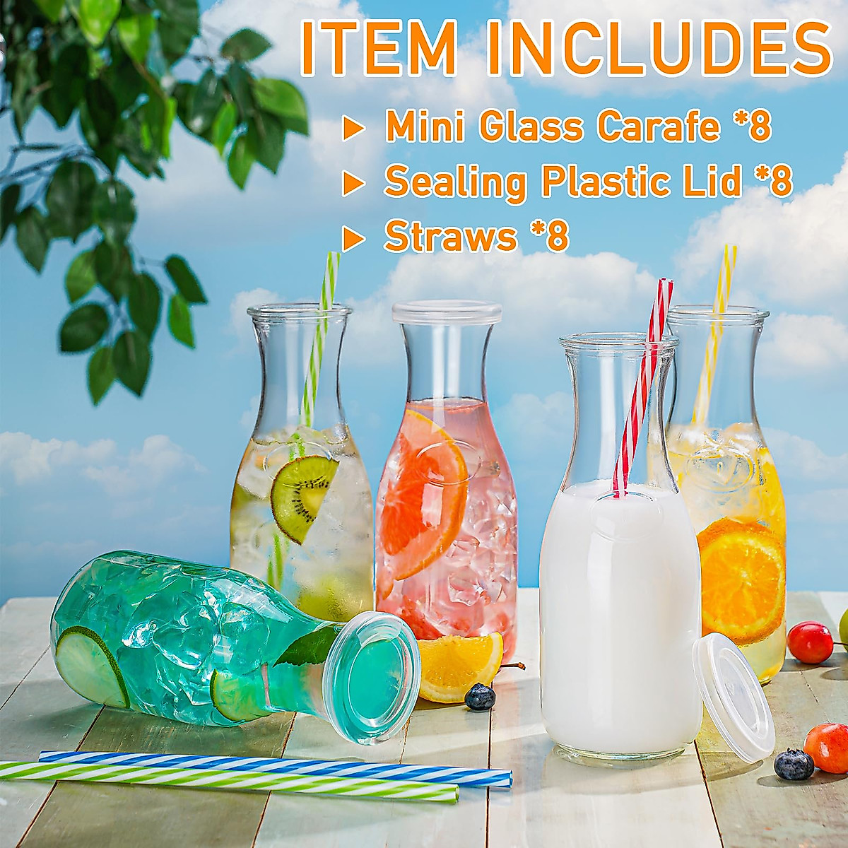 wookgreat Small Glass Carafes, Set of 8 Mini Beverage Pitcher with Lids and Straws, 17oz Clear Jugs, Juice Containers,Water Decanter, Juice Pitcher, Ideal for Mimosa Bar, Water, Wine, Milk, Juice