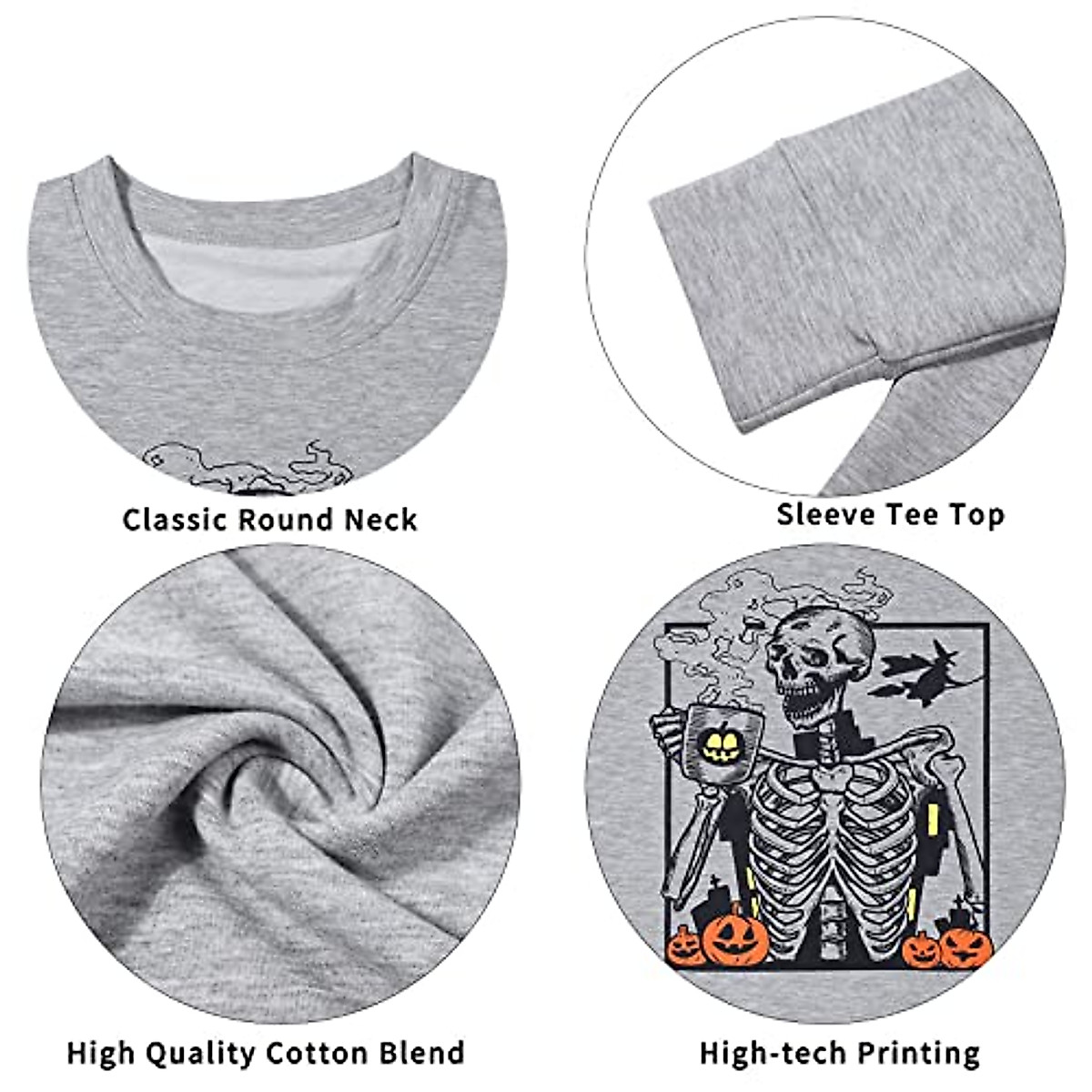 MYHALF Coffee Skeleton Sweatshirt Women Halloween Pumpkin Shirts Funny Graphic Long Sleeves Fall Sweatshirts