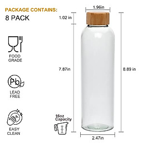 Encheng 16oz Glass Bottle with Lid,Glass Beverage Bottles with Bamboo Lids Set of 8,Reusable Drinking Bottles with Leak proof Cap 500ml,Glass Bottles for Juicing,to Go Travel Bottles for Drink,Sauce