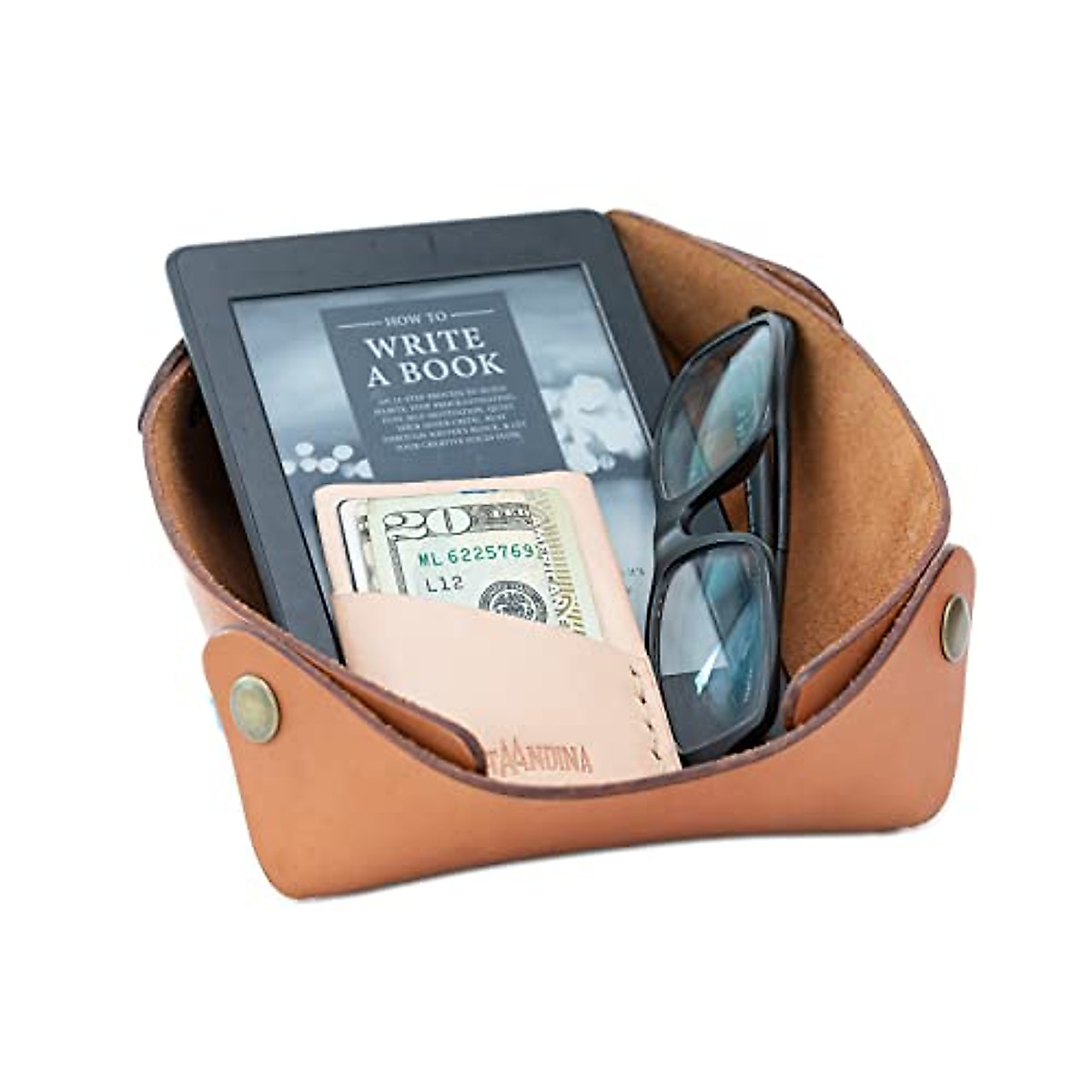 Alta Andina Large Leather Travel Valet Tray | Vegetable Tanned Leather Catchall | Collapsable, Unfolds Flat | Nightstand & Dresser Organizer for Women & Men (Brown – Miel)