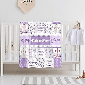 Personalized Christian Baptism Baby Blanket, Custom Baby Blanket with Name, Floral Plaid Patchwork God Bless Infant Bed Blanket, Customized Christian Gifts for Birthday/Shower Nursery Blanket 30"x40"