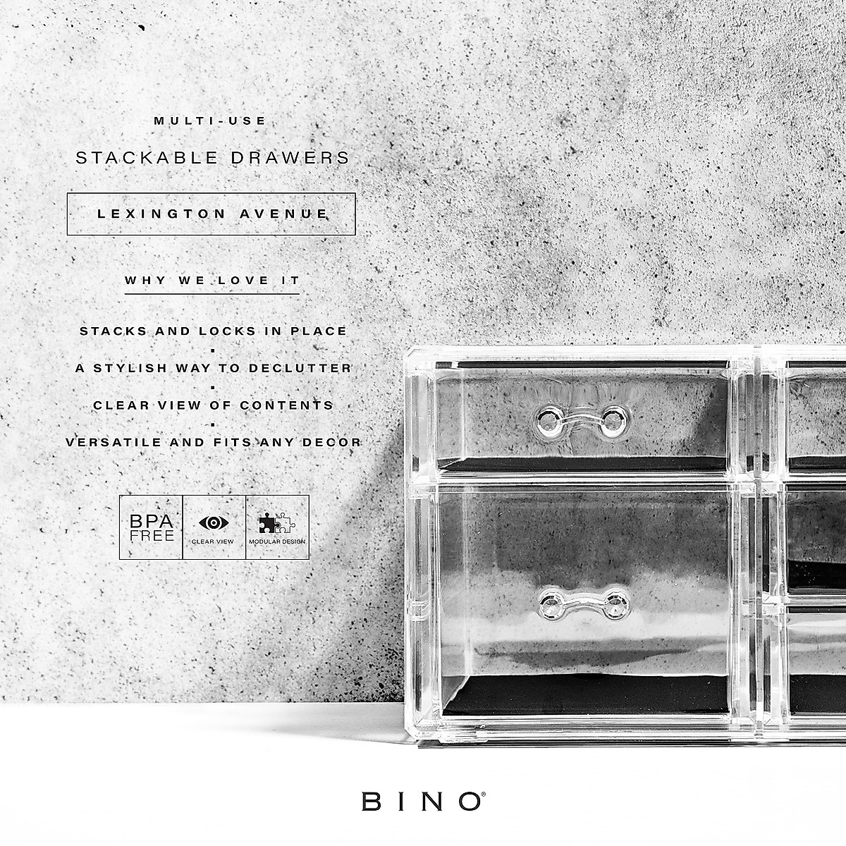 BINO | 5-Drawer Makeup Organizer, Lexington Avenue | THE MANHATTAN SERIES | Modular Design Storage Drawers | Vanity Acrylic Organizers | Stackable Storage Bins | Clear Makeup Organizers And Storage
