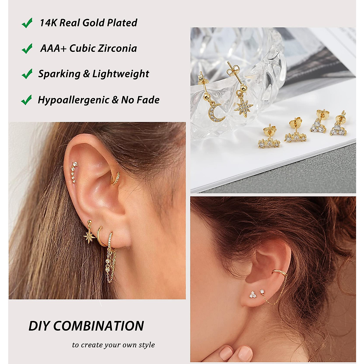 OPFIV 11 Pairs 14K Gold Plated Cartilage Studs Earrings and Hoops Set for Multiple Piercing Hypoallergenic Dainty Star Moon Evil Eye CZ Ball Chain Hoop Dangle Earrings for Women