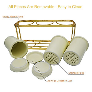 FORESEEX Ceramic Kitchen Outdoor Silverware Caddy Flatware Cutlery Holder Utensils Organizer with Drain Tray and Metal Rack for Spoons Knives and Forks (Light Yellow 3 Cups)