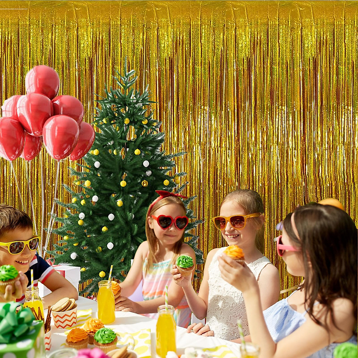 Foil Fringe Curtain Backdrop Glitter Fringe Rain Curtain for Party/Birthday/Graduation Decorations and New Year Eve Set of 2. 3.2ft x 9.8 ft(Gold)