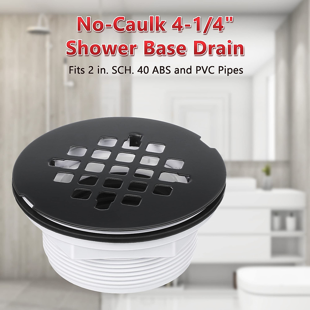 4-1/4" OD Shower Drain Assembly, Snap in Shower Base Drain and Matte Black Round Grid Strainer Cover, Fits 2 in. Schedule 40 ABS and PVC Pipes, Stainless Steel Cap, ABS Drain Base