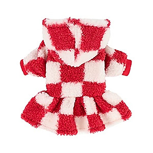Fitwarm Checkered Plaid Fuzzy Sherpa Dog Hoodie Dresses Pet Thick Jacket Winter Coat Doggy Thermal Skirt Girl Puppy Outfits Clothes Cat Sweatshirt Apparel Red Small