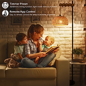 Stepeak Boho Floor Lamp with Remote, Farmhouse Dimmable Rattan Standing Lamp with Smart Blub, Bamboo Lampshade, App Control, Wood Black Tall Lamp for Living Room Bedroom Office, 9W LED Bulb Included