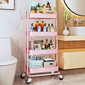 SAYZH 4-Tier Metal Utility Rolling Cart, Durable Multifunction Cart with Rotating Lockable Wheels, Easy to Assemble, Suitable for Office, Bathroom, Kitchen, Garden (Pink)