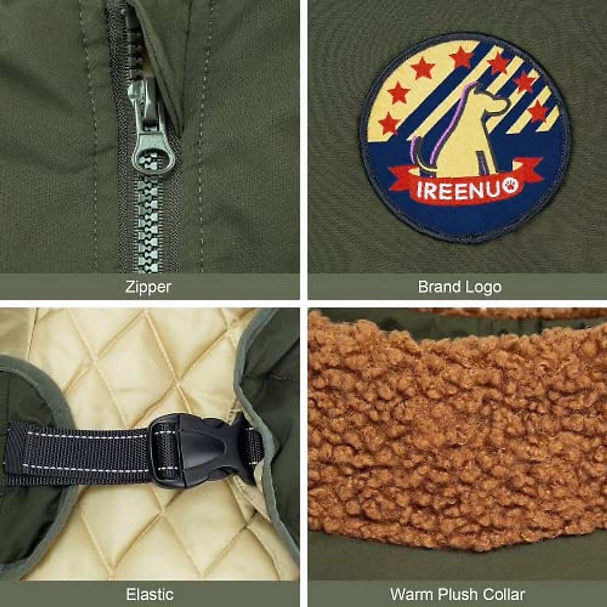 IREENUO Dog Coat, Waterproof Dog Jacket for Medium Large Dogs, Cozy Lining Coat Dog Outdoor Clothes with Furry Collar Warm Dog Bomber Jacket (Green, S)