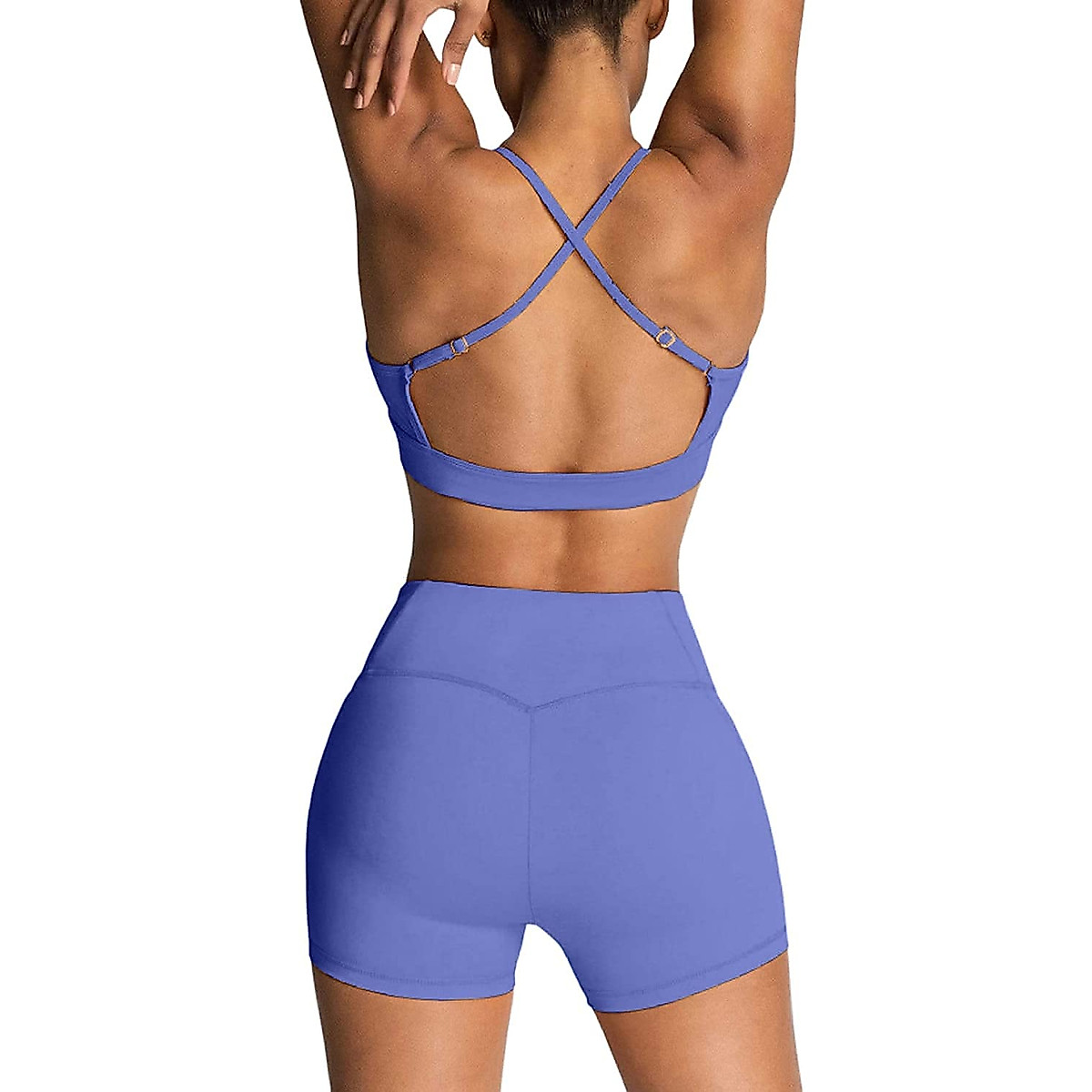 IMEKIS Workout Sets for Women 2 Piece Yoga Outfit: Tracksuits High Waisted Running Biker Shorts with Adjustable Strap Sport Bra Exercise Running Clothes Athletic Gym Sets Matching Active Wear Blue S