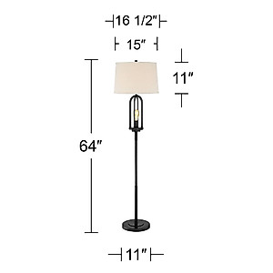 360 Lighting Marcel Industrial Rustic Farmhouse Floor Lamp Standing 64" Tall Black with LED Nightlight Light Natural Linen Drum Shade for Living Room Reading Bedroom Office House Home Decor