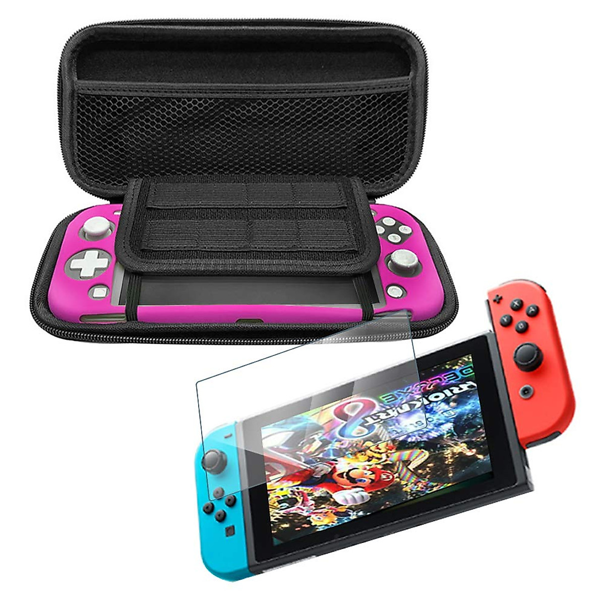 Carry case for New Switch Lite, AFUNTA Zipper Portable Case with 2 Pcs Screen Protectors for Switch Lite 2019-9H Hardness Tempered Glass Film