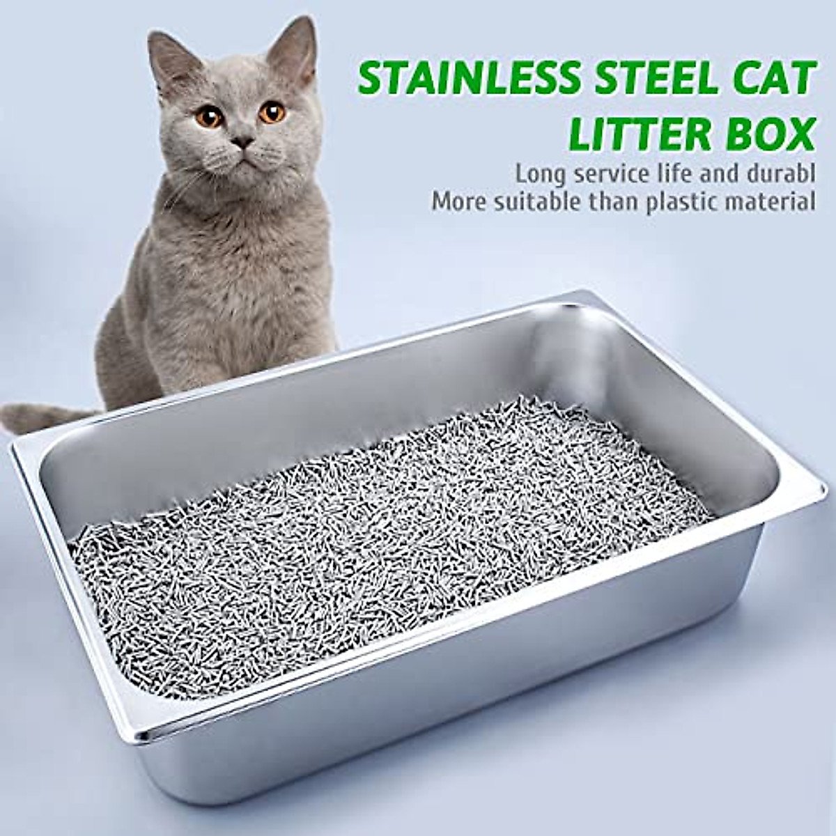 Fhiny Stainless Steel Litter Box for Cat, Large Size With High Sides and Non Slip Rubber Feet Cat Toilet Non Stick Smooth Surface Litter Pan Never Absorbs Odors Stains or Rusts Durable Kitten Supplies
