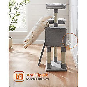 Feandrea Cat Tower, Cat Tree for Indoor Cats, 45.3-Inch Cat Condo with Scratching Post, Ramp, Perch, Spacious Cat Cave, for Kittens, Elderly Cats, Adult Cats, Small Space, Light Gray UPCT141W01