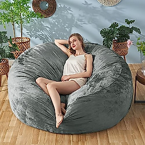 XIECUVA Bean Bag Chair Cover (Not A Full Bean Bag), Large Round Soft Fluffy Ultra-Fine Fiber Velvet Sofa Bed Cover, Lazy Sofa Bed Cover, 5ft Dark Grey (Cover Only, No Filler)