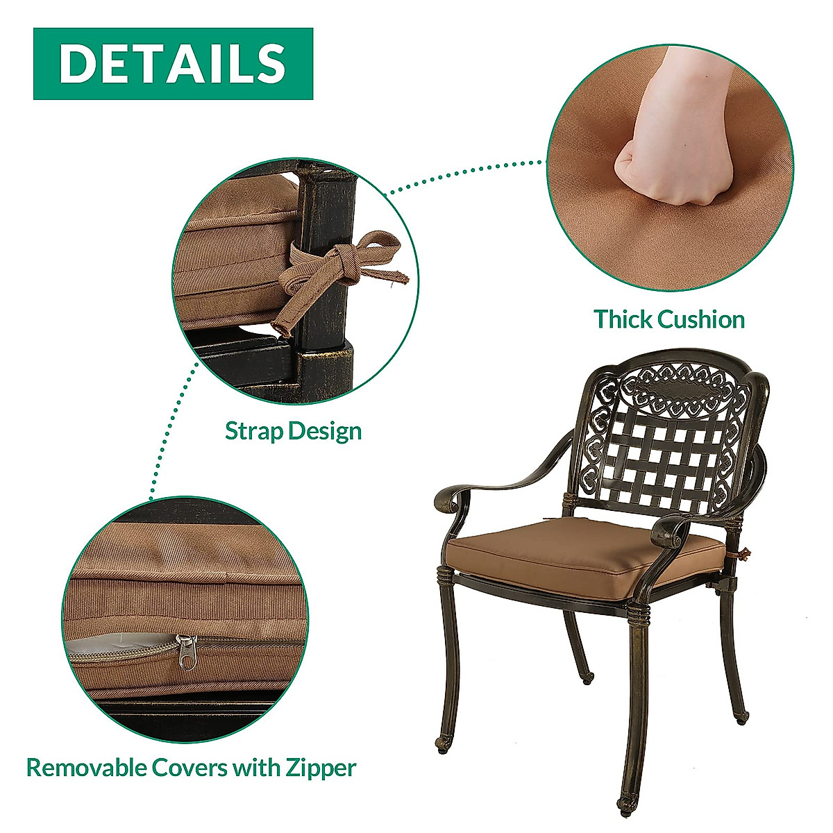 VIVIJASON 7-Piece Patio Furniture Dining Set, All-Weather Cast Aluminum Outdoor Conversation Set, Include 6 Cushioned Chairs and a Rectangle Table with Umbrella Hole for Balcony Lawn Garden Backyard