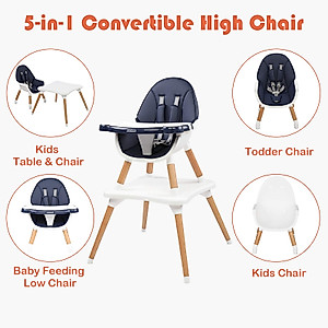 JOYMOR 5-in-1 Convertible Baby High Chair for Babies and Toddlers, Table and Chair Set, Wooden Infant Eating Highchair with Leather Seat Cushion, 4-Position Removeable & Adjustable Tray (Blue)