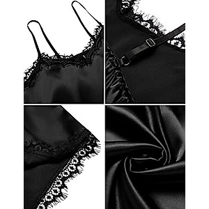 Ekouaer Sexy Lace Silk Satin Pajamas Cami Lingerie Sets 2 Piece Pjs Sleepwear Loungewear Bridal Gift for Women Black Large