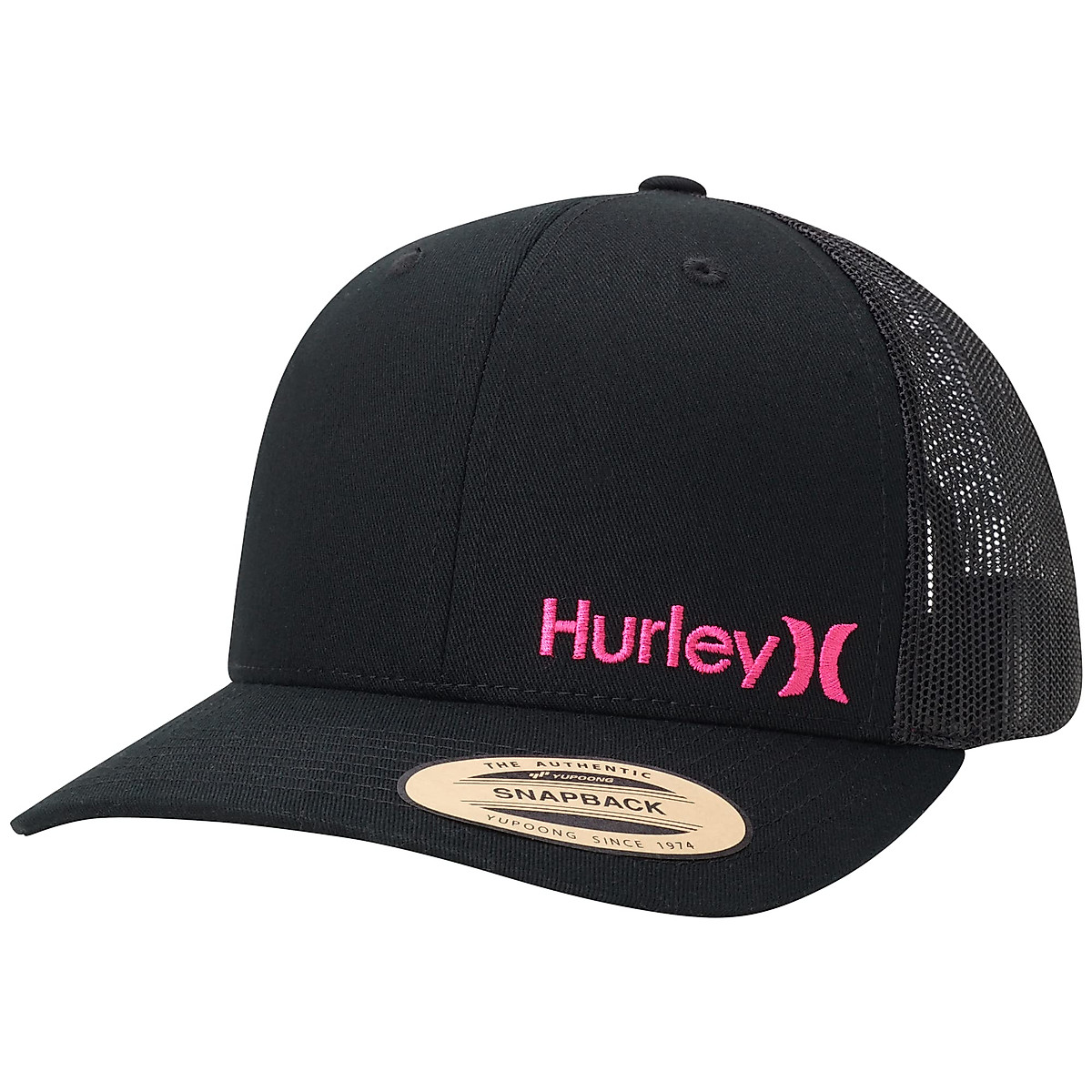 Hurley Men's Trucker Hat - Corp Snap Back Comfortable Curved Bill with Adjustable Snap Closure - Trucker Hats for Men, Black/Pink