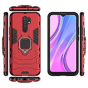 Ytaland for Xiaomi Redmi 9 Case,with 2 x Tempered Glass Screen Protector. (3 in 1) Shockproof Bumper Defender Protective Phone Cover with Ring Kickstand (Wine Red)