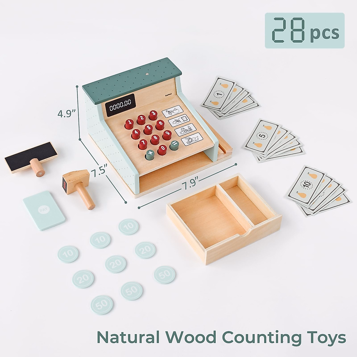 PairPear Wooden Toy Cash Register,Kids Pretend Play Money Counting Toys with Scanner and Credit Card,Toddler Cashier Toy Grocery Play Food Accessory for Pre-School Gift Boys Girls 3+