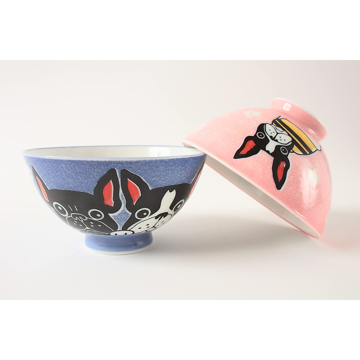 Mino ware Japanese Pottery Pair Rice Bowl French Bulldog Blue & Pink made in Japan (Japan Import) MIG007