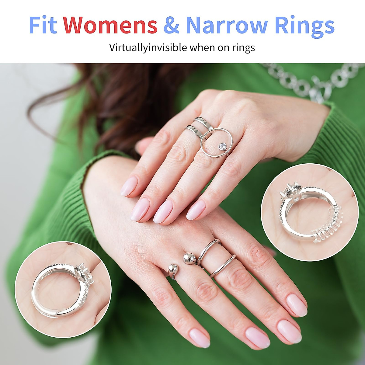 Ottemax Ring Size Adjuster for Loose Rings - 20 Pack 6 Sizes Invisible Jewelry Sizer, Mandrel for Making Jewelry Guard, Spacer, Sizer, Fitter - Spiral Silicone Tightener Set with Polishing Cloth