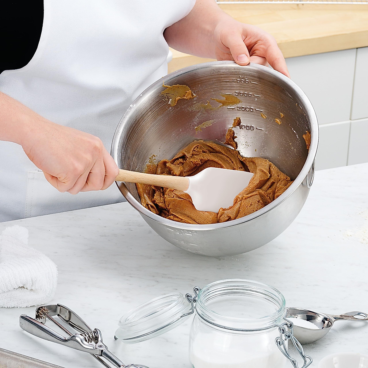 Tovolo White Flex-Core Wood Handled Silicone Spatula, Non-Stick, Heat-Resistant, BPA-Free, Dishwasher-Safe With Removable Angled Head