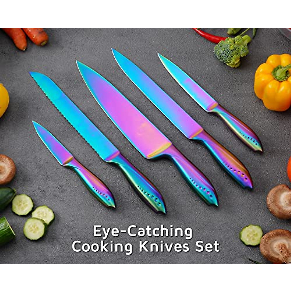 WELLSTAR Kitchen Knife Set 5 Piece, Razor Sharp German Stainless Steel Blade and Comfortable Handle with Rainbow Titanium Coated, Chef Carving Bread Utility Paring for Cutting and Peeling, Gift Box