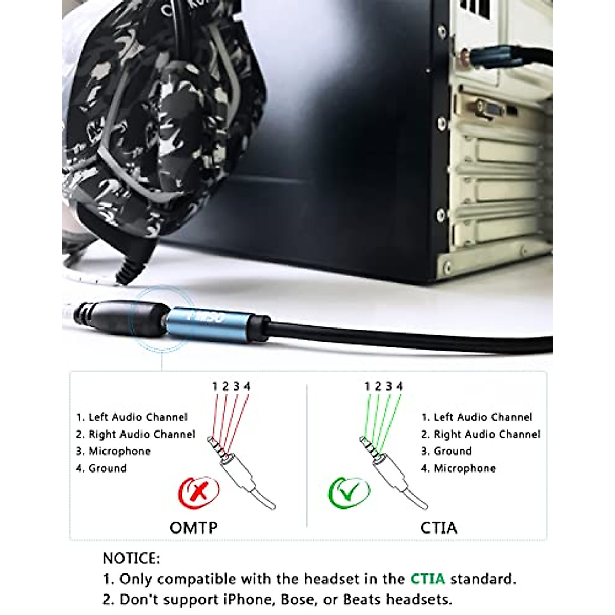 MillSO Headset Splitter CTIA 3.5mm 2 Male to 1 Female Headset Adapter for Gaming Headset to PC Headphone Splitter with Separate Microphone and Headphone Jack - 30CM/12inch