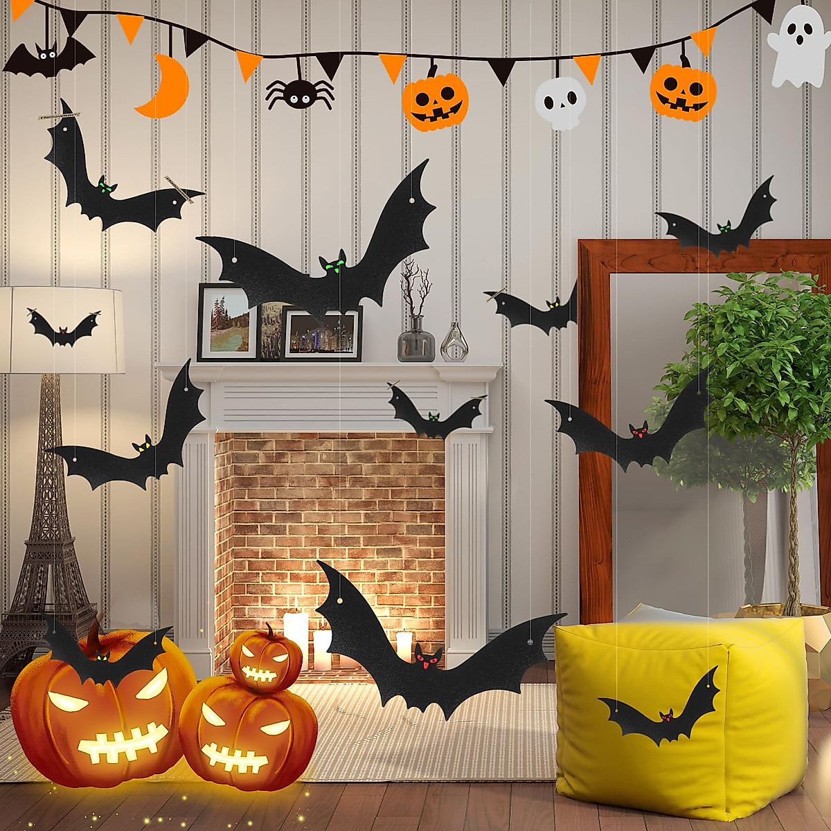 Hanging Bats Halloween Decoration Outside, Plastic Large Flying Bats with Glowing Eyes, Hanging, pasting Two Ways,Halloween Outdoor Tree Yard Porch Decoration Supplies(18 Pcs)