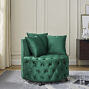 Tmsan Modern Swivel Chair, 30'' Green Velvet Barrel Chair with 3 Pillows, 360° Rotating Wheels for Living Room, Bedroom