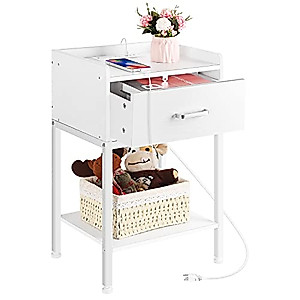 OYEAL White Nightstand, End Table with Charging Station 2-Tier Side Table with Drawer and Storage Shelf, Small Bedside Night Stand for Bedroom, Living Room, Easy Assembly, White