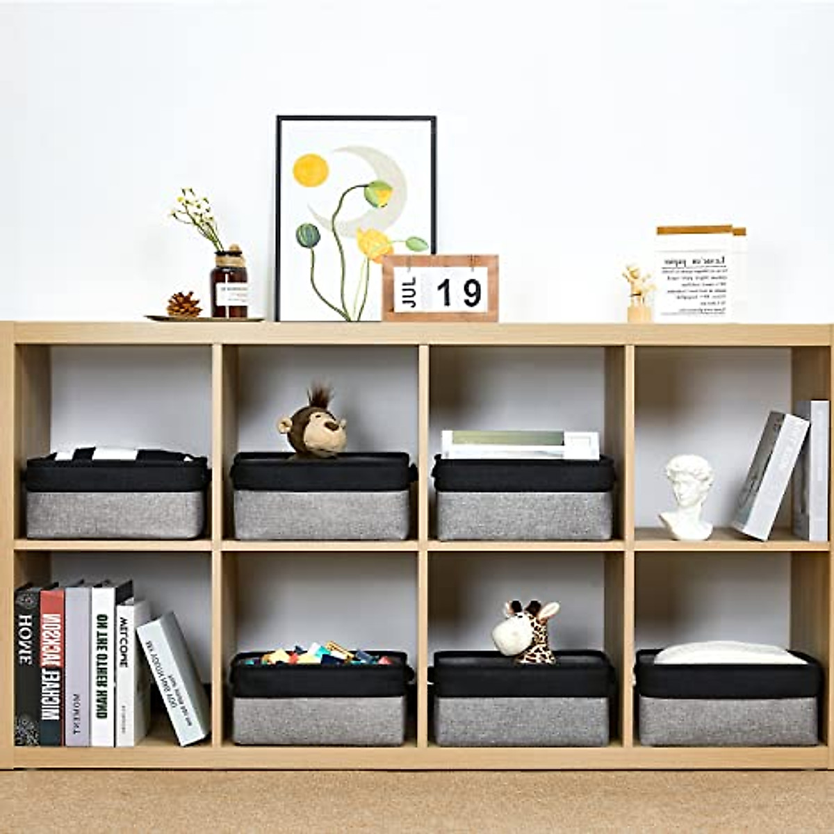 HNZIGE Storage Baskets for Storage Fabric Small Organizer Bins for Shelves,Collapsible Linen Baskets with Cloth Handles for Organizing Closet Nursery Home Shelves,Toy(Black&Gray,11.8" x 7.8" x 5.1")