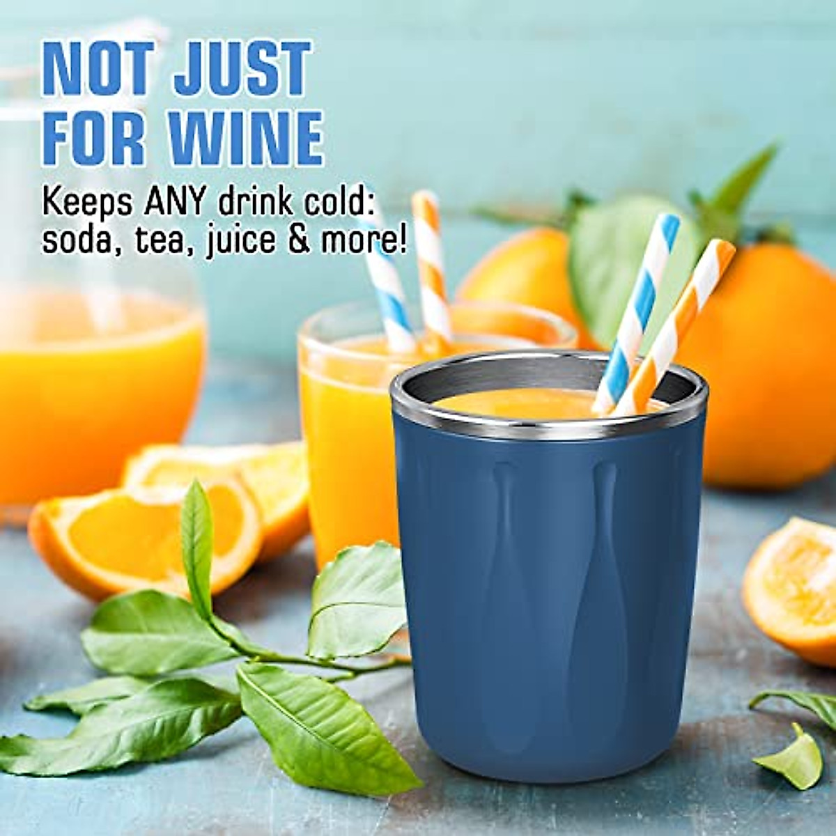 Rhovam Cooling Cup with Lid for Wine/Whisky/Beverages, 8.5 Oz Double Walled Silicone + Stainless Steel Freezable Drink Set of 1 (Blue)