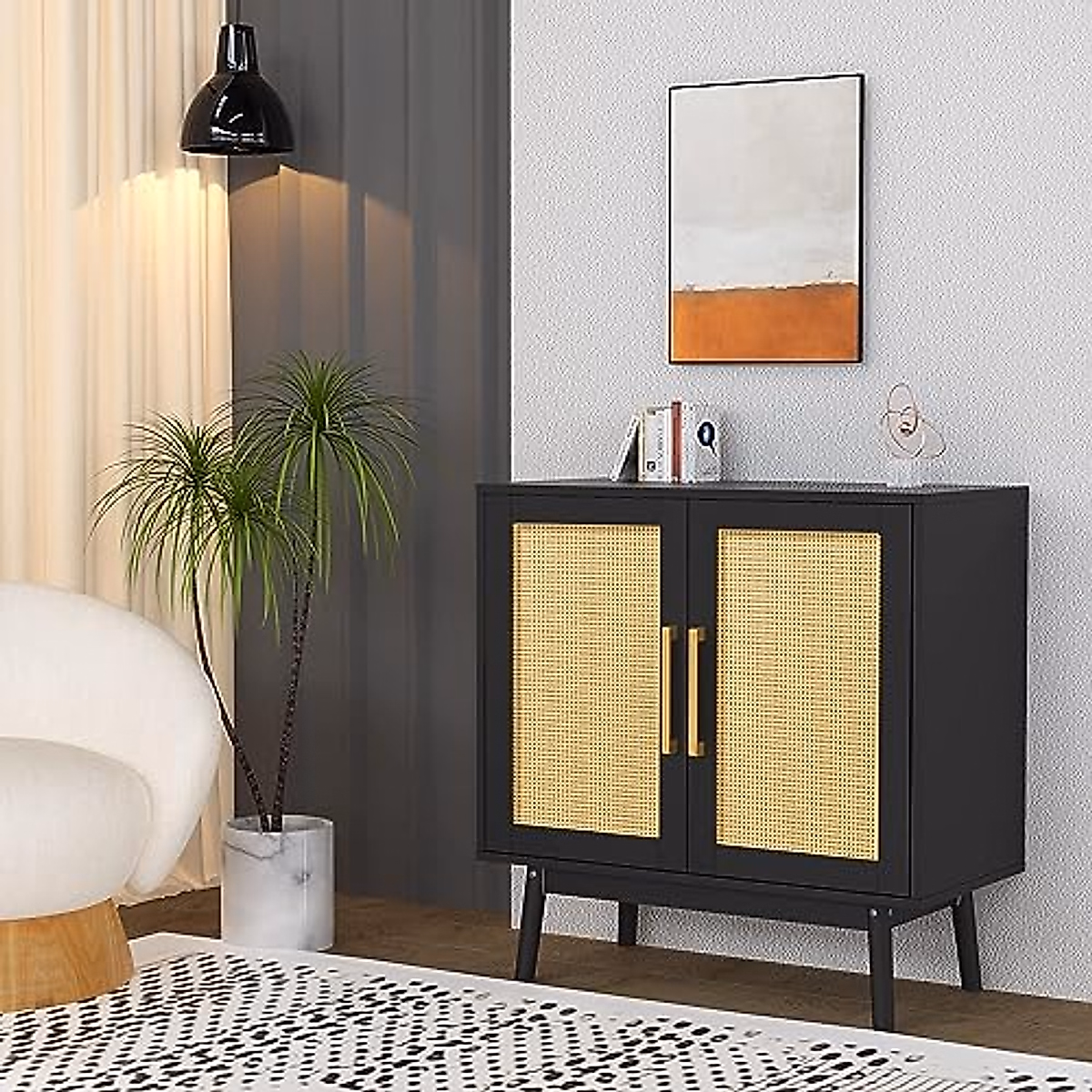 RESOM Black Rattan Accent Storage Cabinet, Sideboard Buffet Cabinet with Rattan Doors, Modern Wood Cabinet for Living Room, Dining Room, Kitchen, Entryway and Hallway
