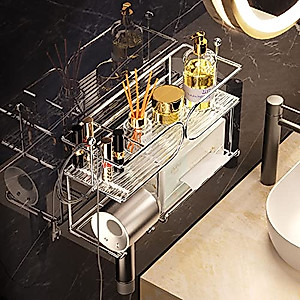Acliys Bathroom Shelves Wall Mounted, Acrylic Hair Dryer Holder Tissue Box Holder, No Drilling Floating Shelves Bathroom Accessories for Blow Dryer Facial Tissues Cosmetics Toothbrush(Silver, Clear)