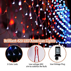 DANLI American Flag String Lights, Waterproof 420 LED String Lights, US Flag Light with Plug,Net Light Holiday Decoration for Garden Patio July 4th National Day Independence Day Memorial Day