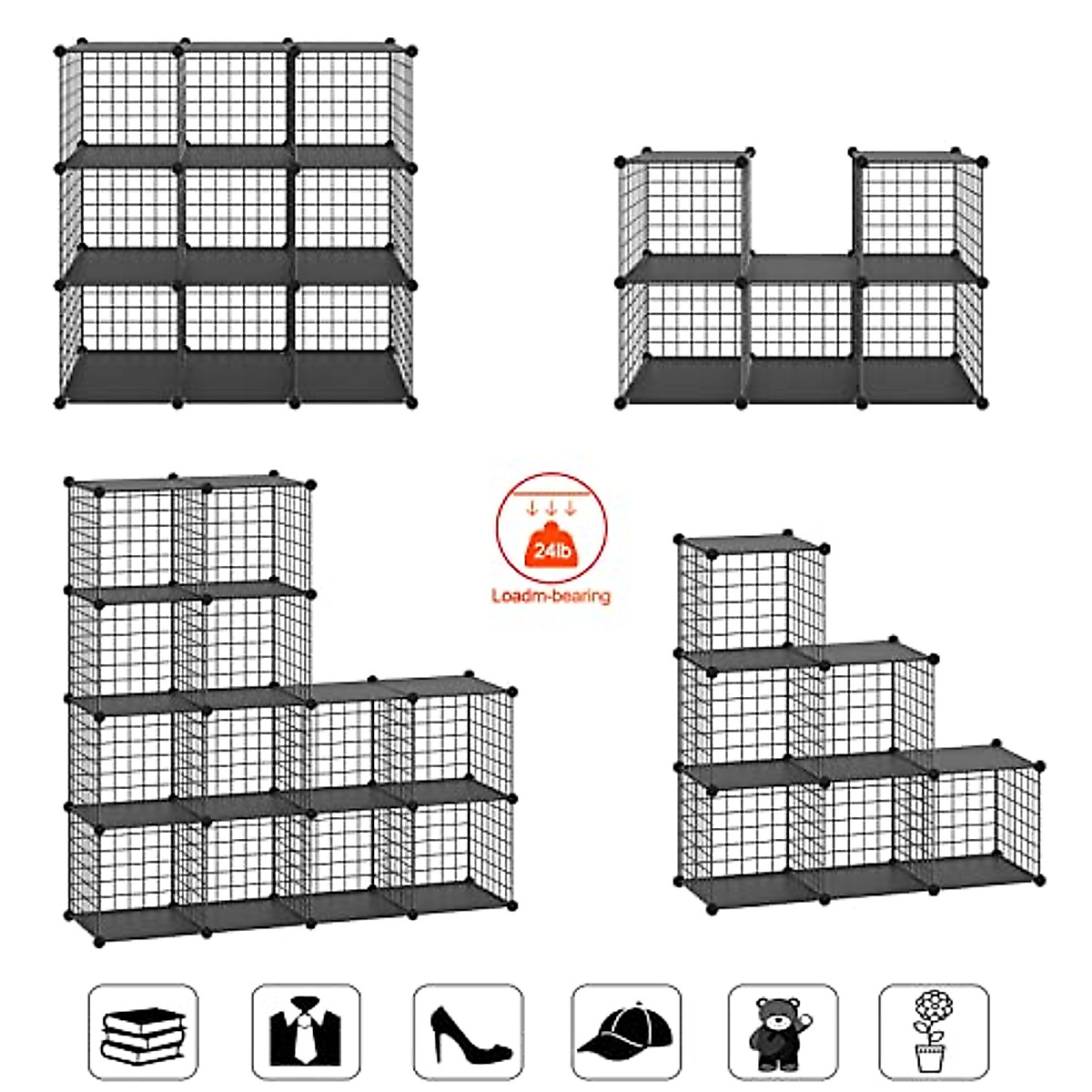 HUBSON Wire Cube Storage Organizer, 12-Cube Metal Grids Storage Shelf, Closet Cabinet, DIY Plastic Cube Bookcase Modular Closet Cabinet for Bedroom, Living Room, Office, Black