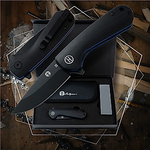 Holtzman's Gorilla Survival 'Straightback' Folding Knife featuring D2 Steel Blade and G10 Tactical Handle in Gift Box Set (Black+Blue)